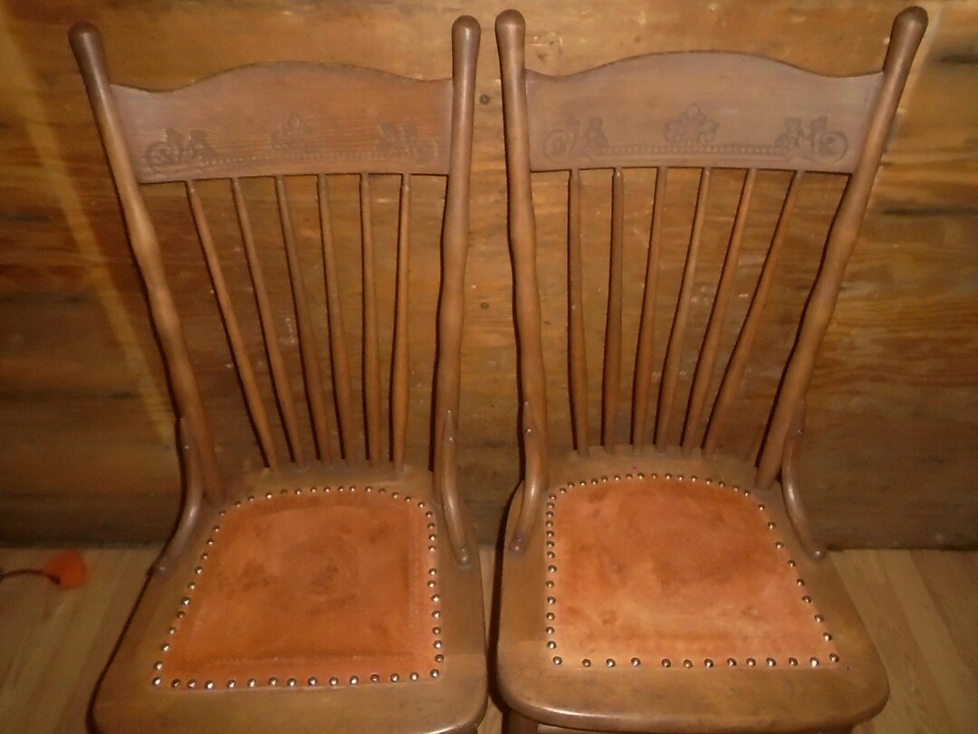 1890s Spindle Wood Victorian Parlor Side Chair Leather Tooled Seat Set ...