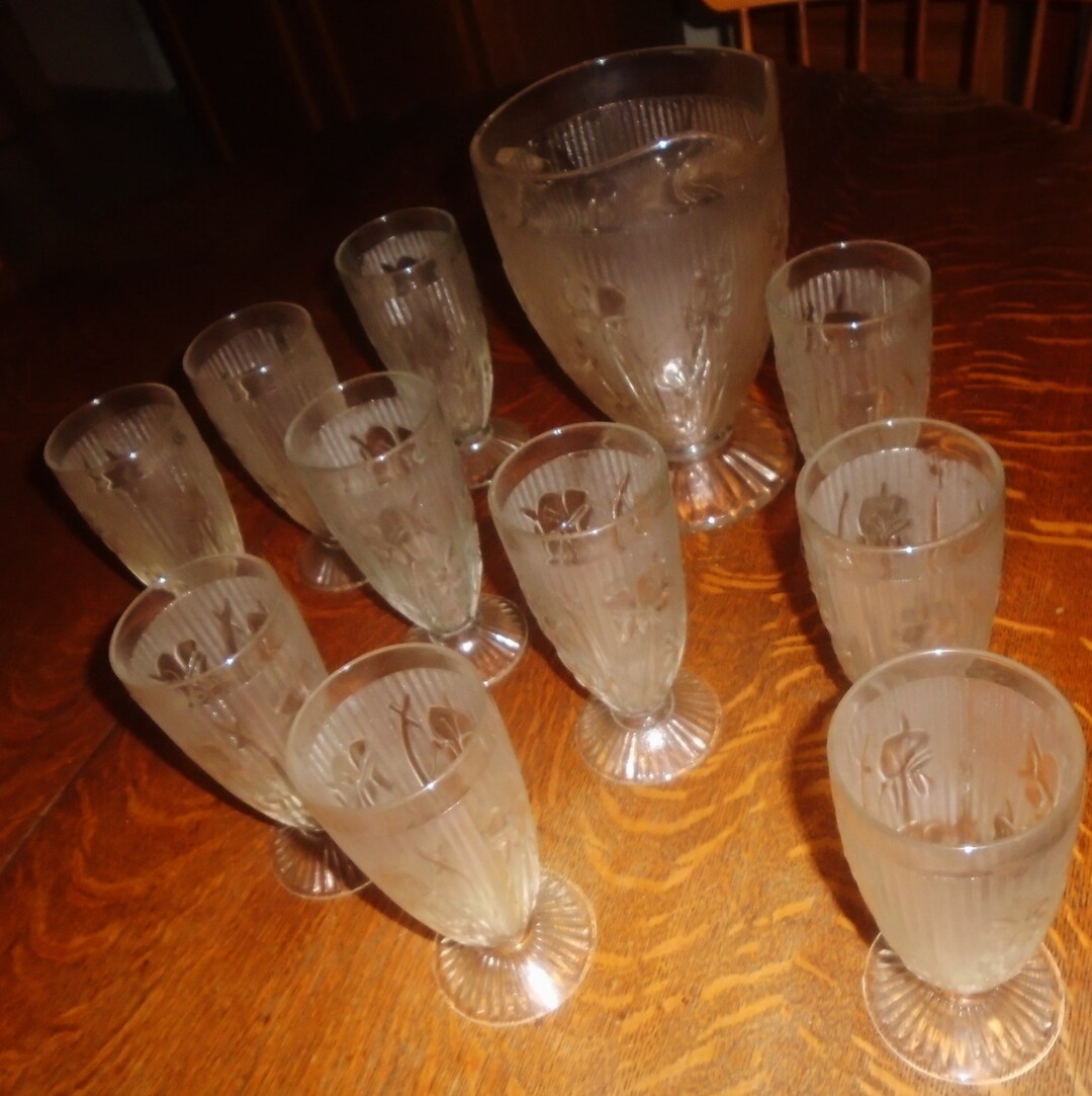Iris and Herringbone Pitcher and 10 Glasses, From Jeannette Glass Vintage 1930s - Etsy