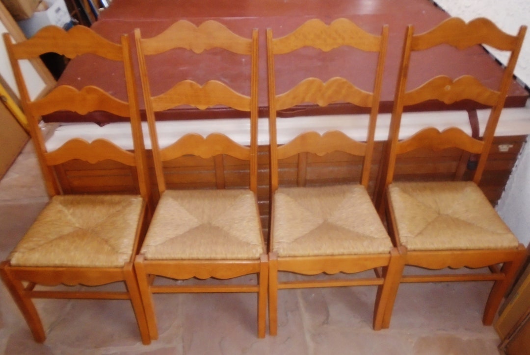 Vintage Wood Ladder Back Chairs Woven Rush Seats, Set of 4 Made in ...