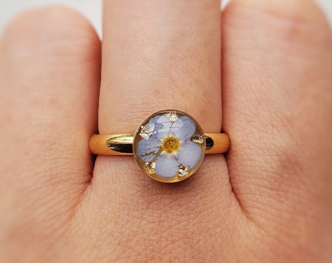 Forget Me Not Ring, Real Flower Resin Jewelry, Dainty Gold Floral ...