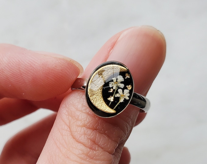 Crescent Moon Floral Ring, Real Flower Resin Jewelry, Botanical Nature ...
