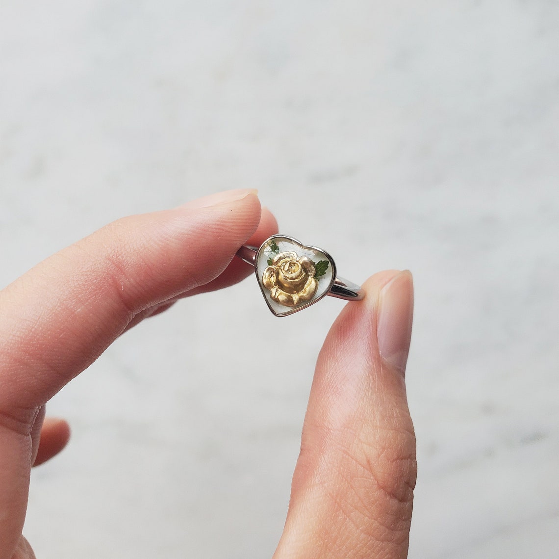 Gold rose heart ring flower plant resin jewelry boho nature | Etsy