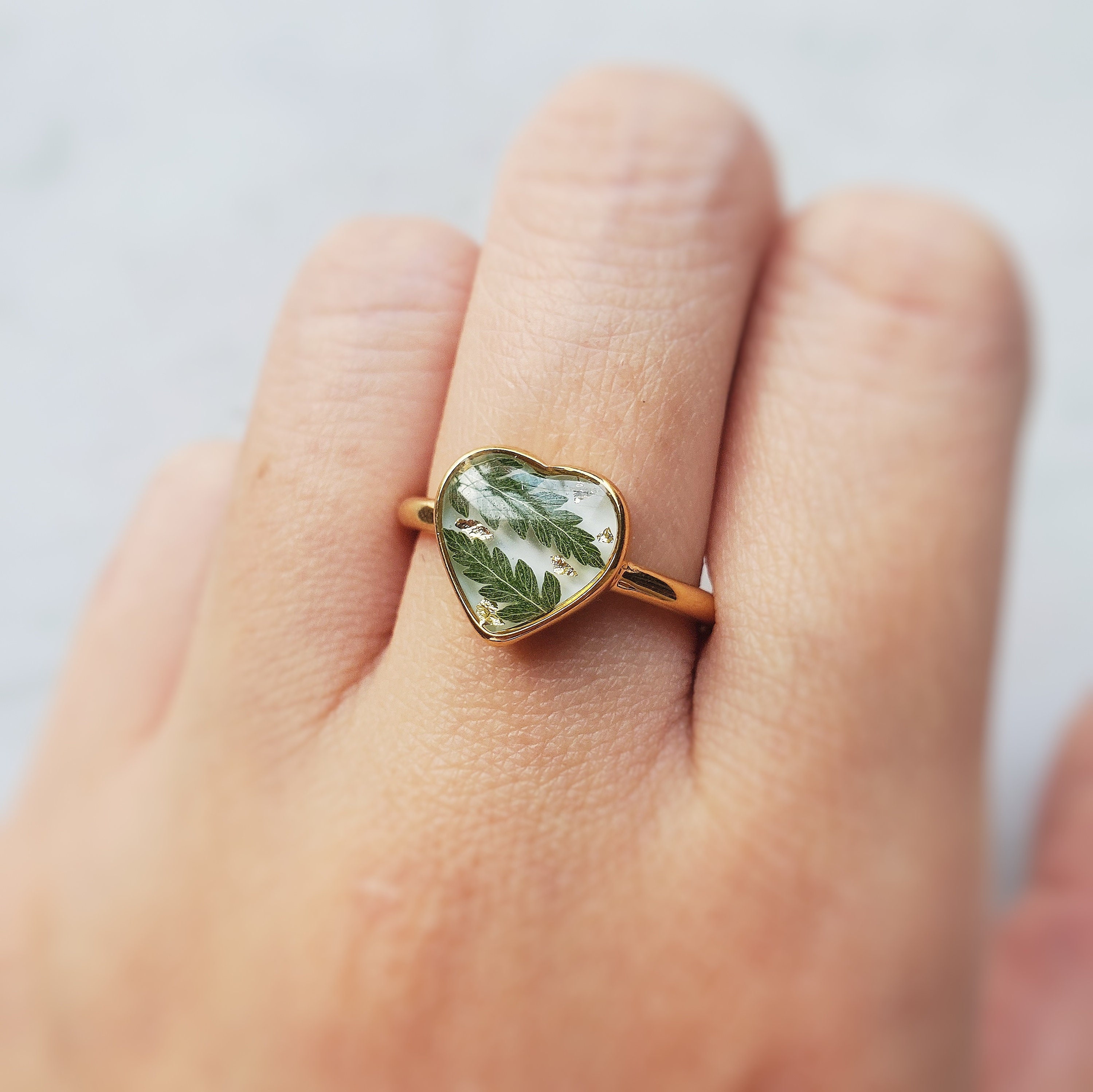 Real Fern Heart Ring Gold Boho Nature Plant Jewelry - Etsy