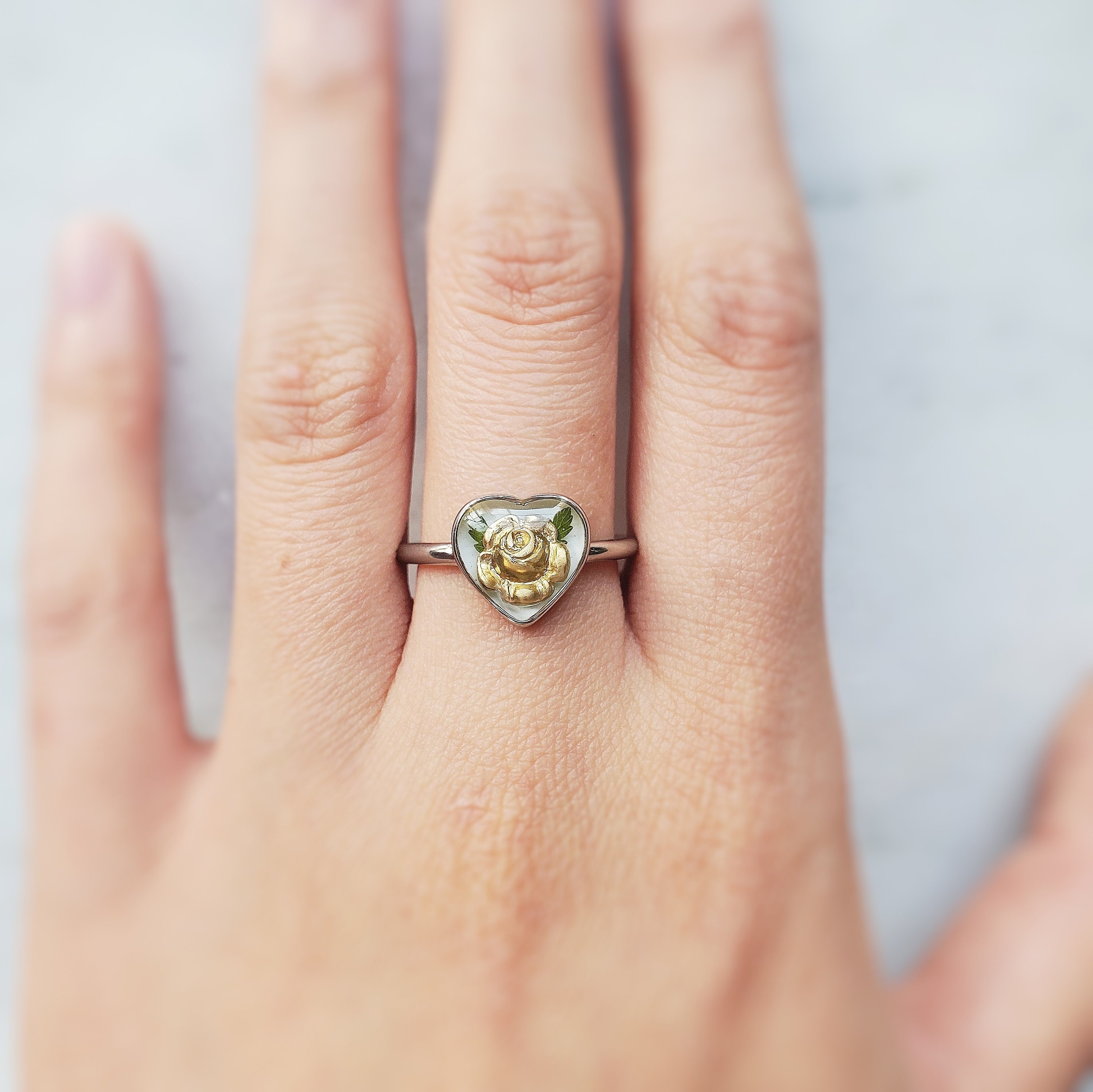 Gold rose heart ring flower plant resin jewelry boho nature | Etsy