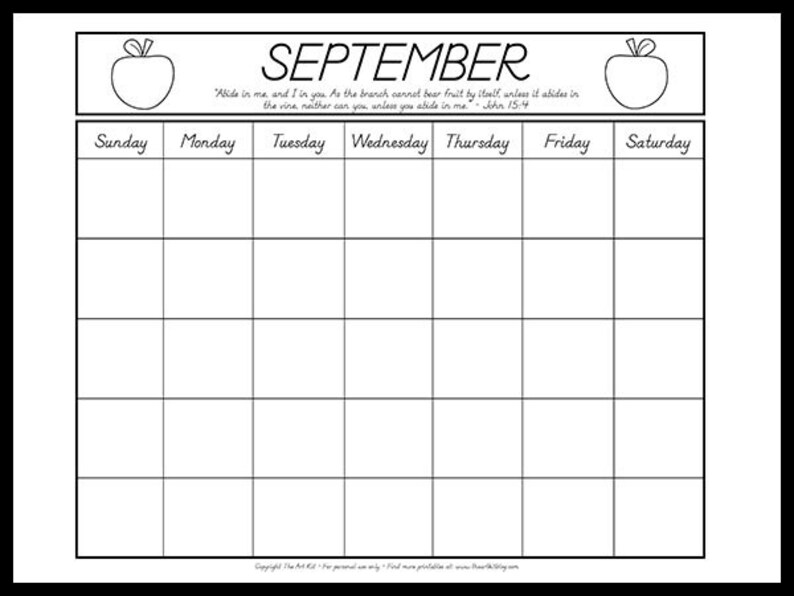 Blank Undated Monthly Calendar Printable, September, Organize ...