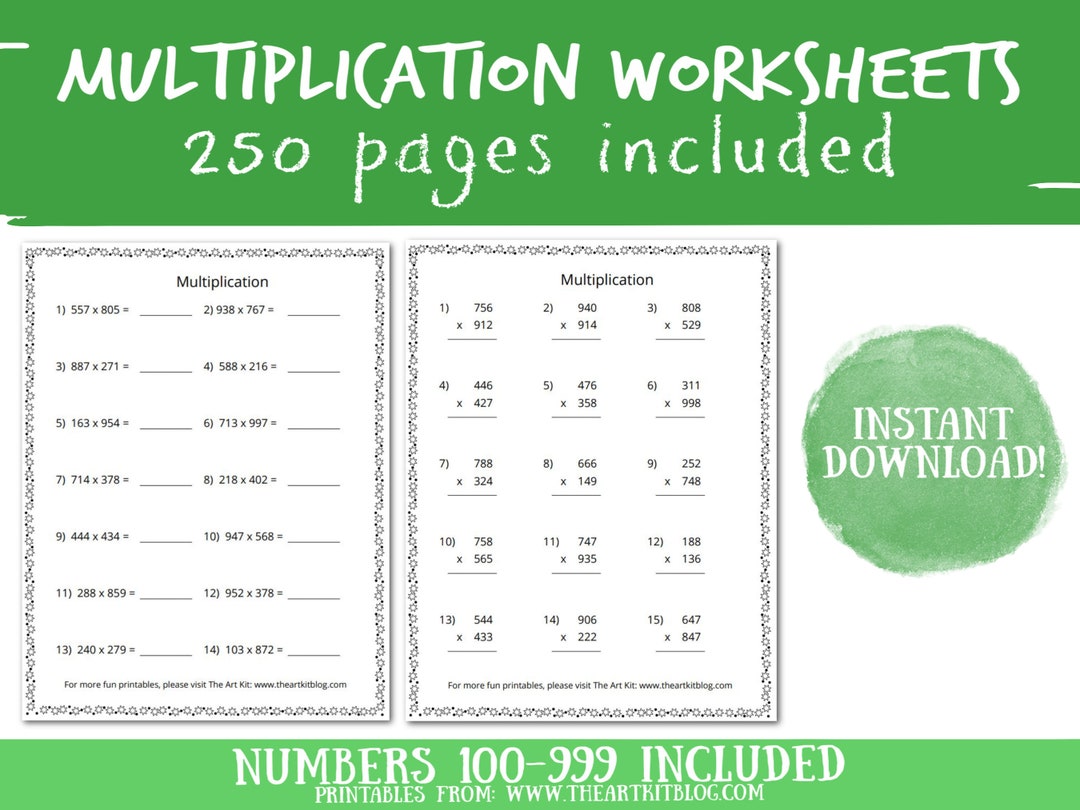 200 Pages Printable Multiplication Math Worksheets, Numbers 100-999 ...