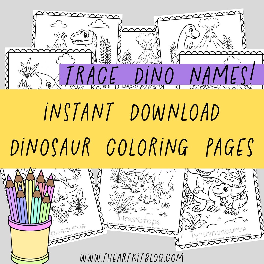 Dinosaur Coloring Pages With Traceable Words | Preschool & Kindergarten ...
