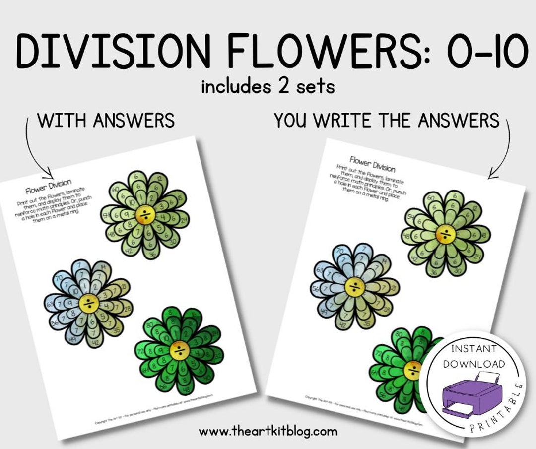 Smaller DIVISION Math Flowers Printable, Math Wheels 0 - 10, Flash ...