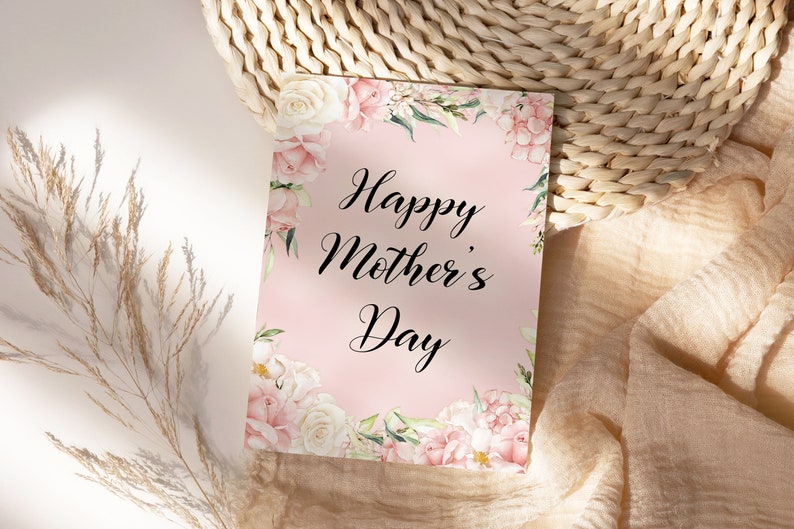 Happy Mother's Day Card Printable With Flowers, Watercolor Pink White ...