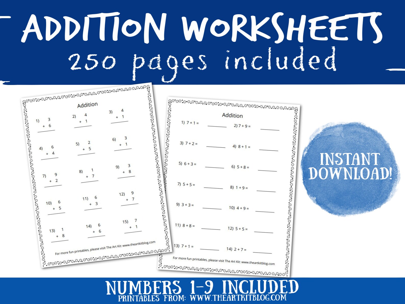 200 Pages Printable Addition Worksheets, Numbers 1-9, Preschool to 1st ...