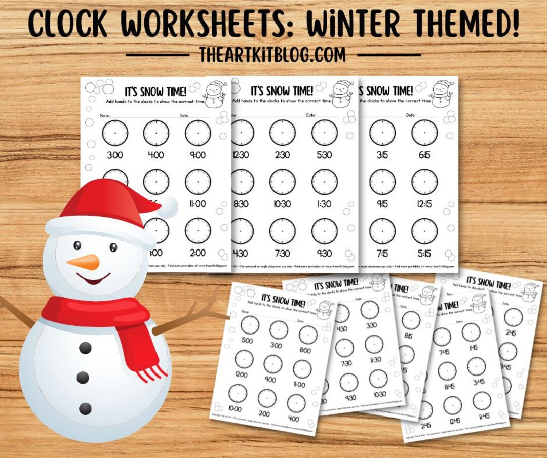 First and Second Grade Math Worksheets: Telling Time Winter Theme - Etsy