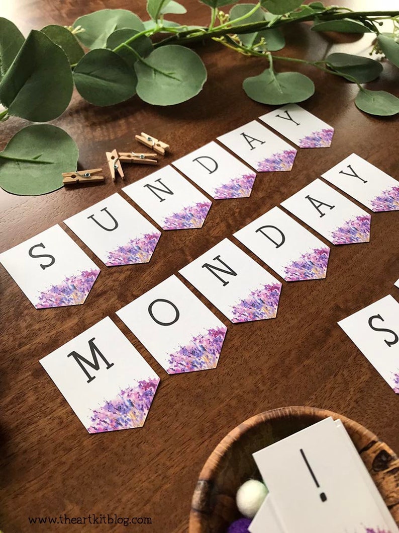 Days of the Week Banner Printable With Purple Flowers - Etsy