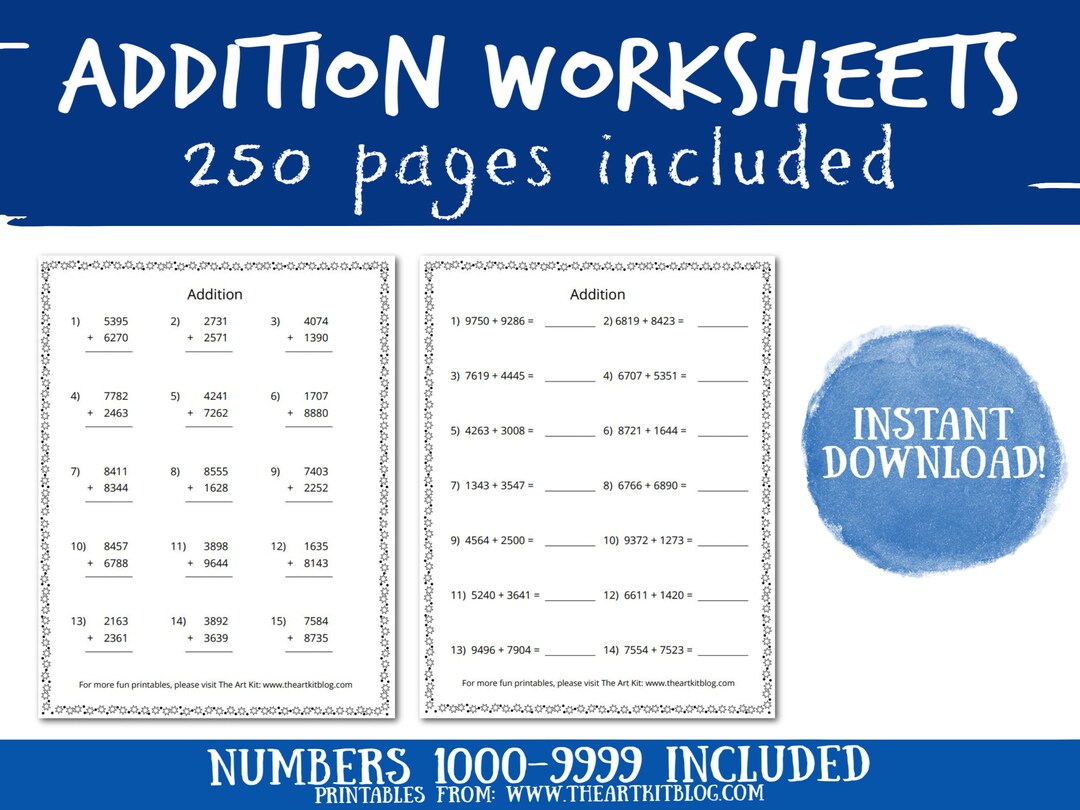 200 Pages Printable Addition Worksheets, Numbers 1000-9999, Horizontal ...