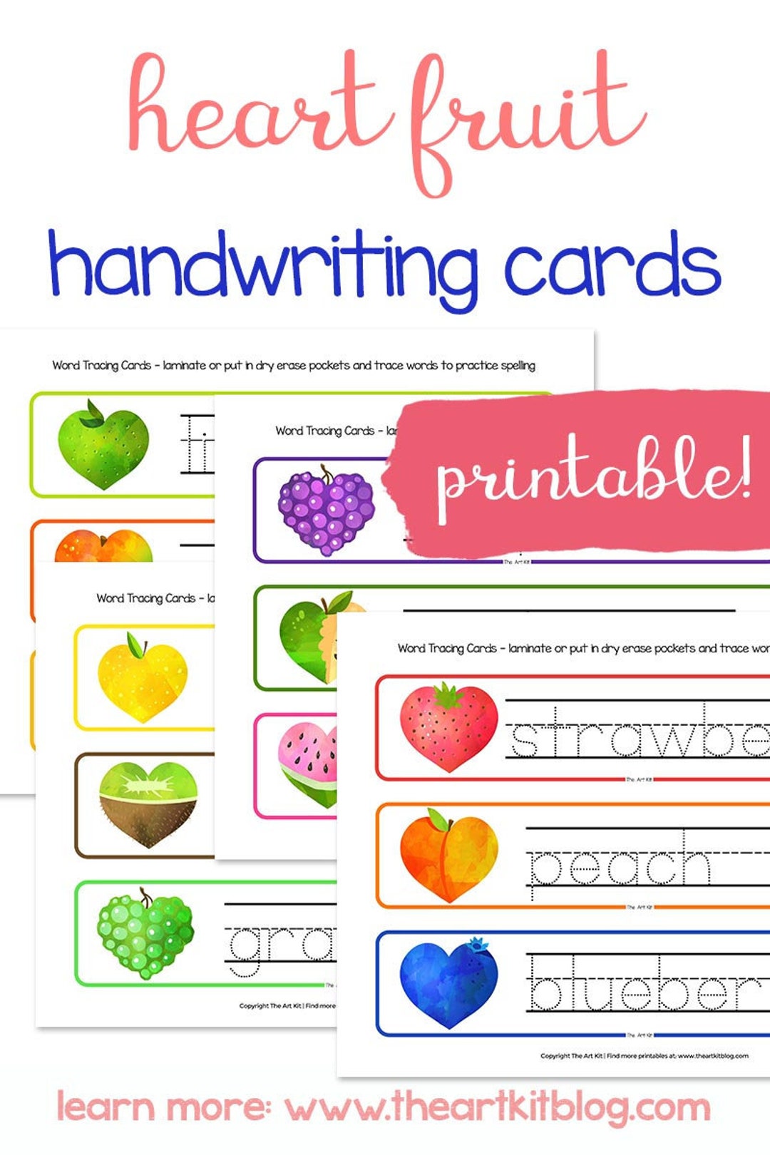 Fruit Hearts Handwriting Printable Cards Spelling Dashed Lines ...