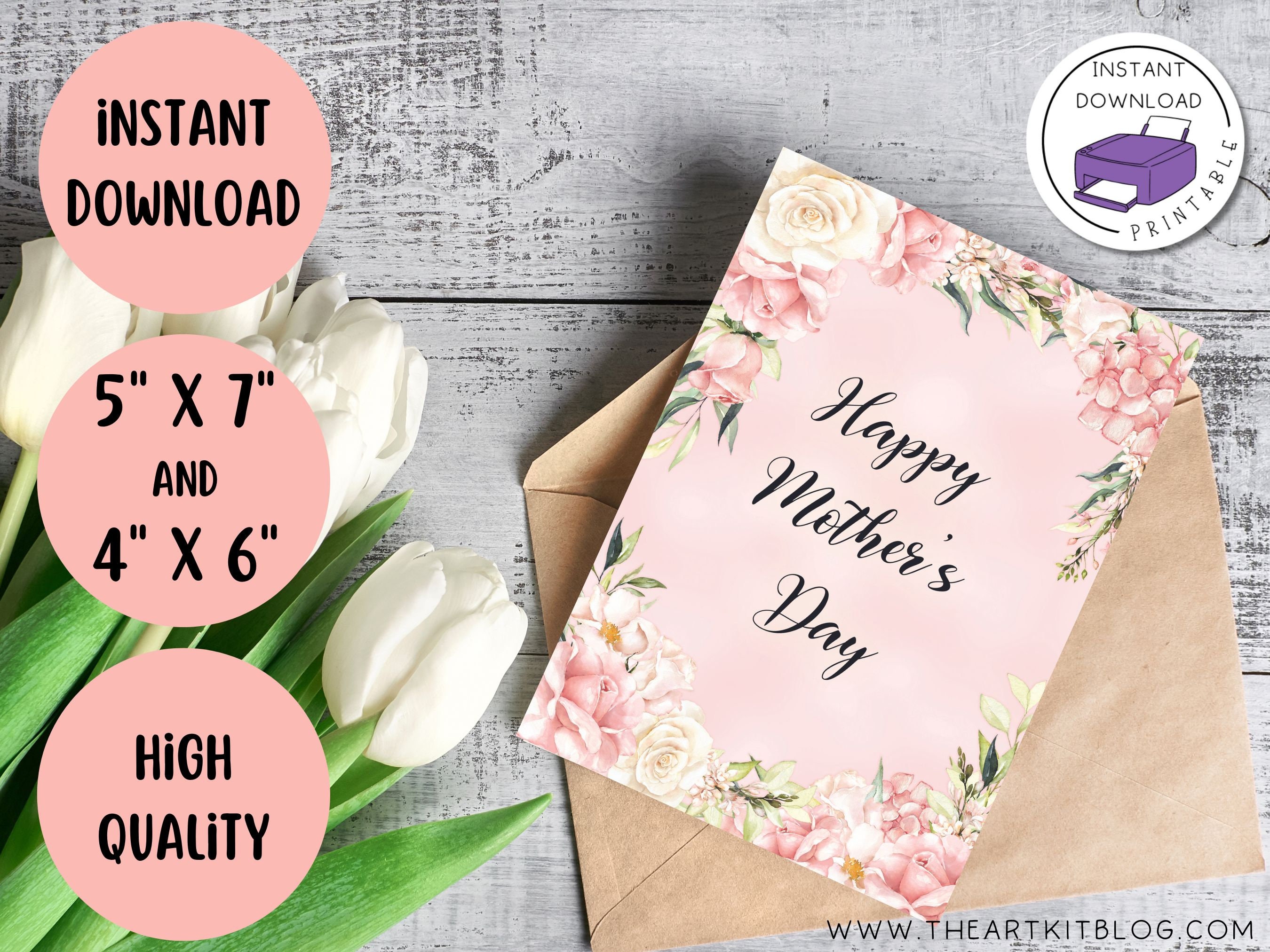 Happy Mother's Day Card Printable With Flowers, Watercolor Pink White ...