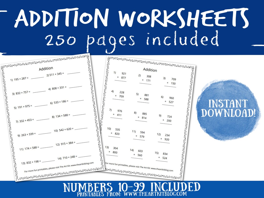 200 Pages Printable Addition Worksheets, Numbers 10-99, Horizontal and ...