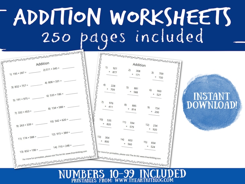 200 Pages Printable Addition Worksheets, Numbers 10-99, Horizontal and ...