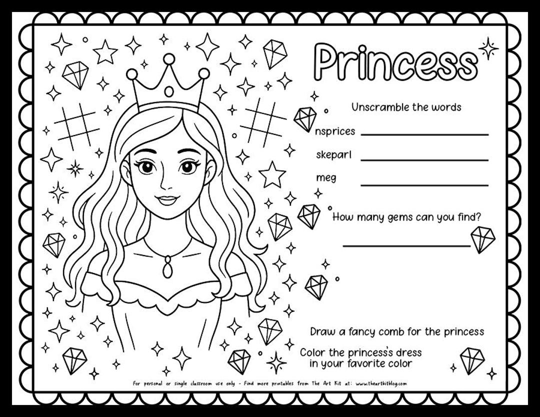 Princess Activity Placemat Printable – Birthday Party Coloring Page ...