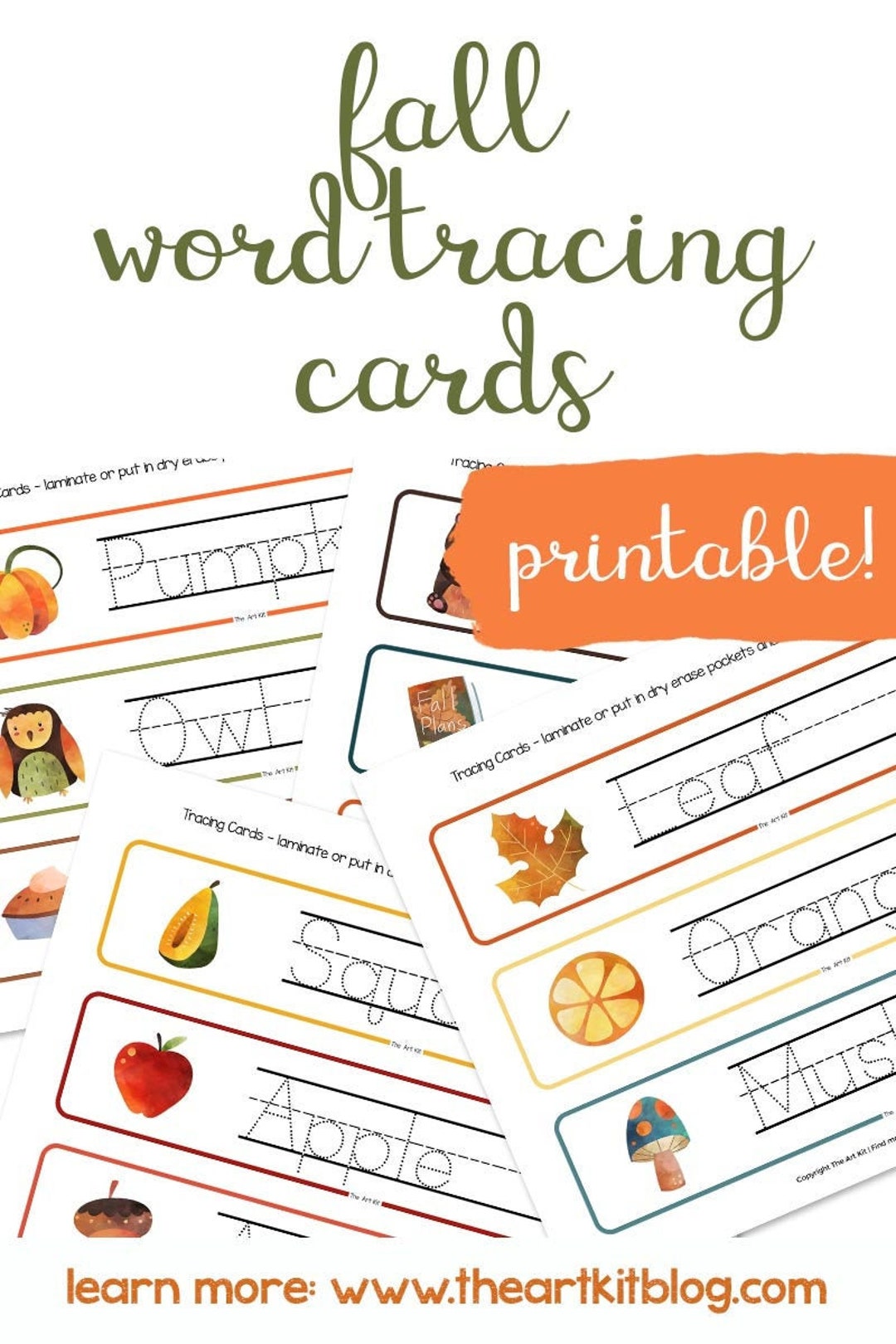 Fall Word Tracing Cards Handwriting Pumpkins Leaves Autumn Printable ...