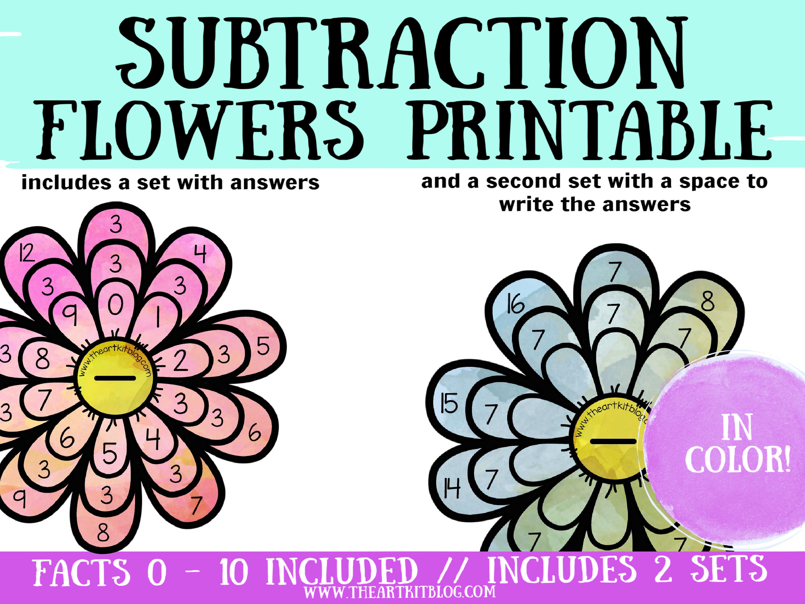 Waldorf SUBTRACTION Flower Printable, Math Wheels 0-10, WATERCOLOR ...