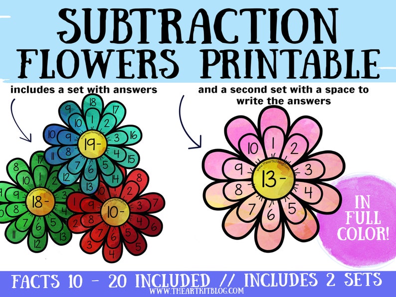 SUBTRACTION Flower Printable, Math Wheels 10-20, Flash Cards, Activity ...