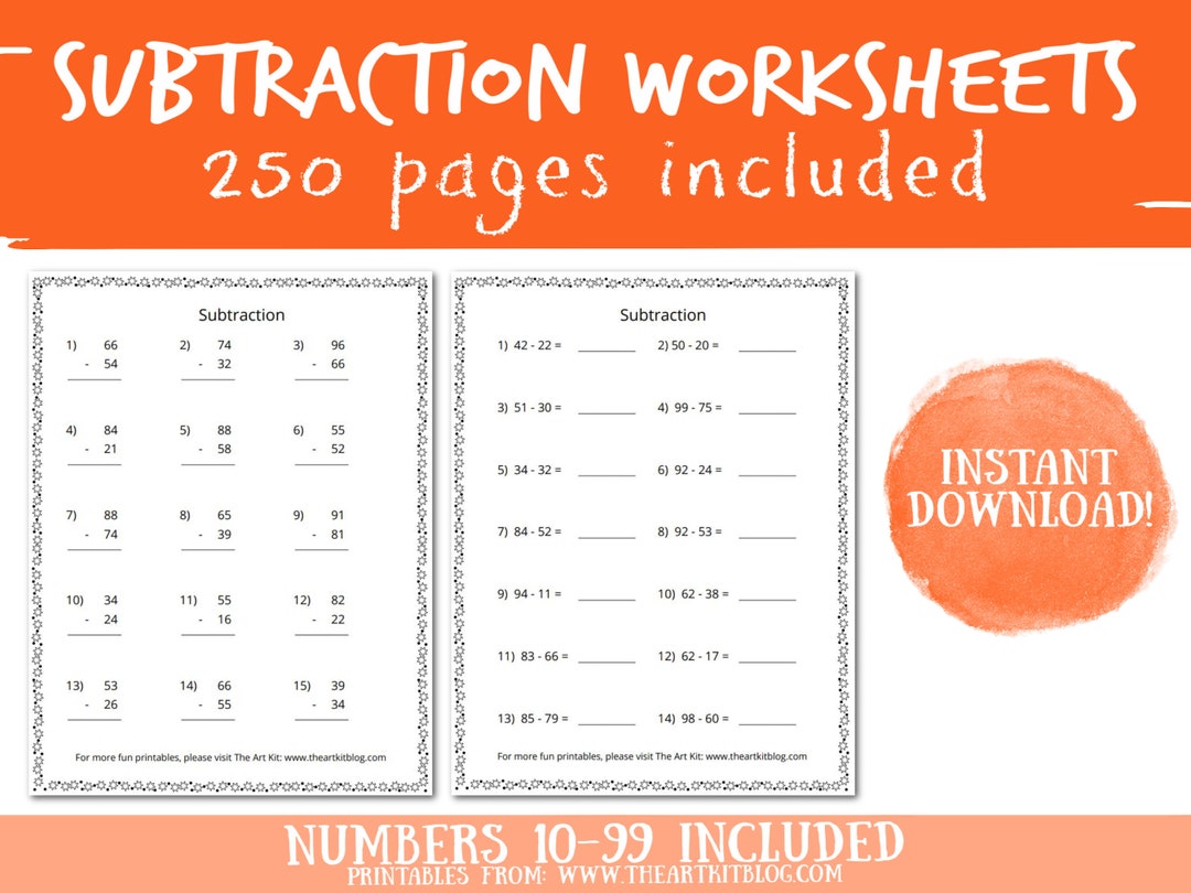 200 Pages Printable Subtraction Math Worksheets, Numbers 10-99, Two ...
