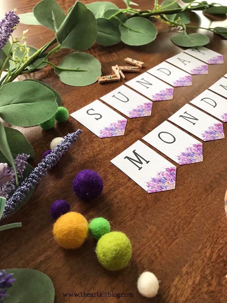 Days of the Week Banner Printable With Purple Flowers - Etsy
