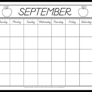 Blank Undated Monthly Calendar Printable, September, Organize ...