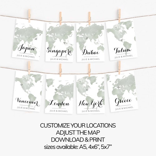 Travel Theme Table Sign Table Sign Template Watercolor Map - Etsy