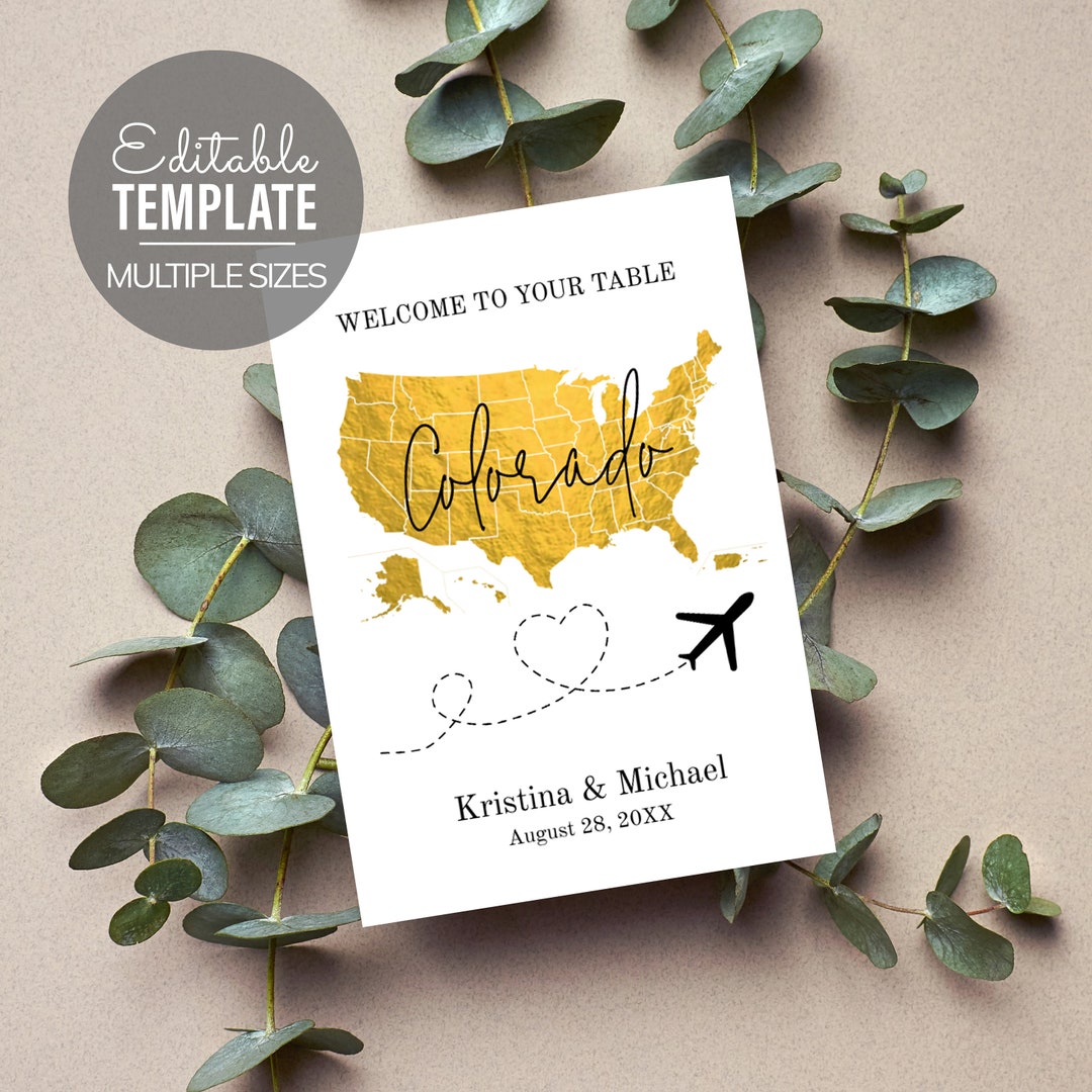 USA Gold Map Table Sign, Travel Theme, Wedding Table Sign Template ...