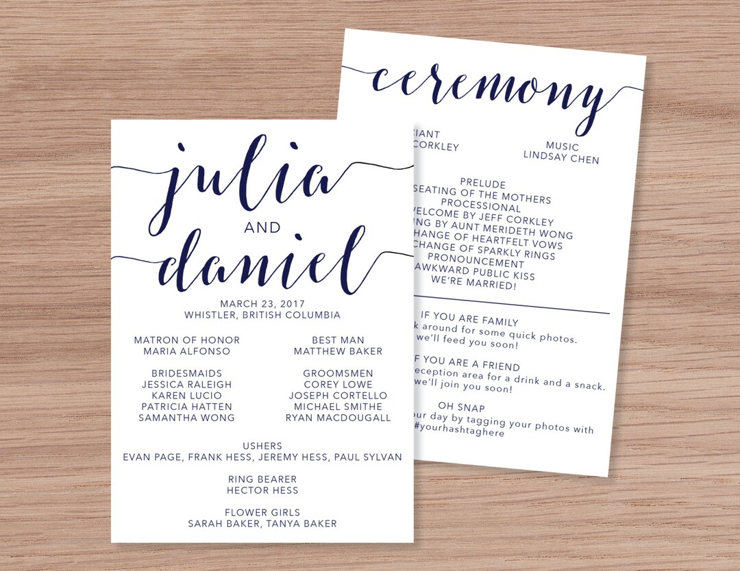 Flat 5x7 Double Sided Wedding Program Customized Digital Download for ...