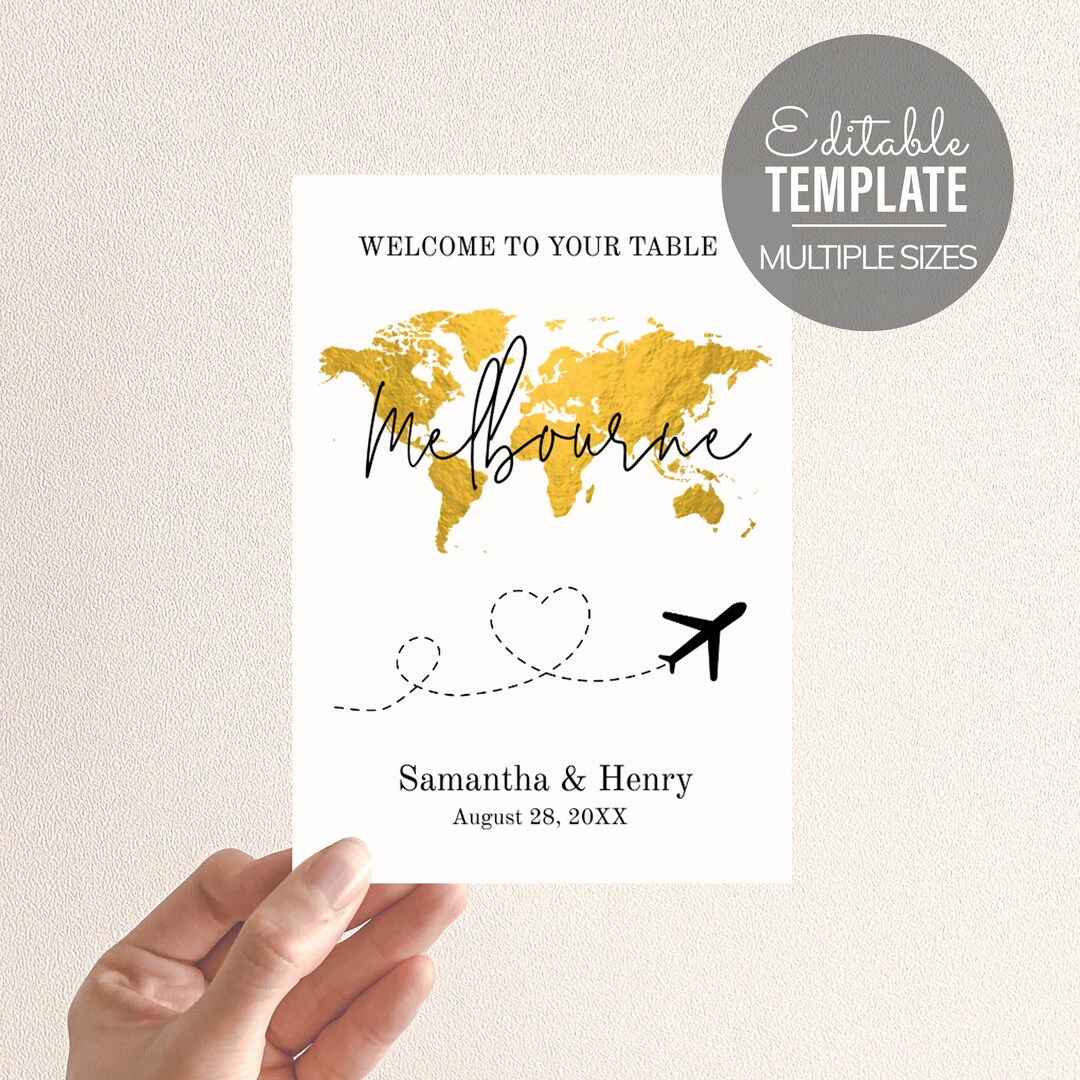 Gold Map Table Sign, Travel Theme Table Sign, Wedding Table Sign ...