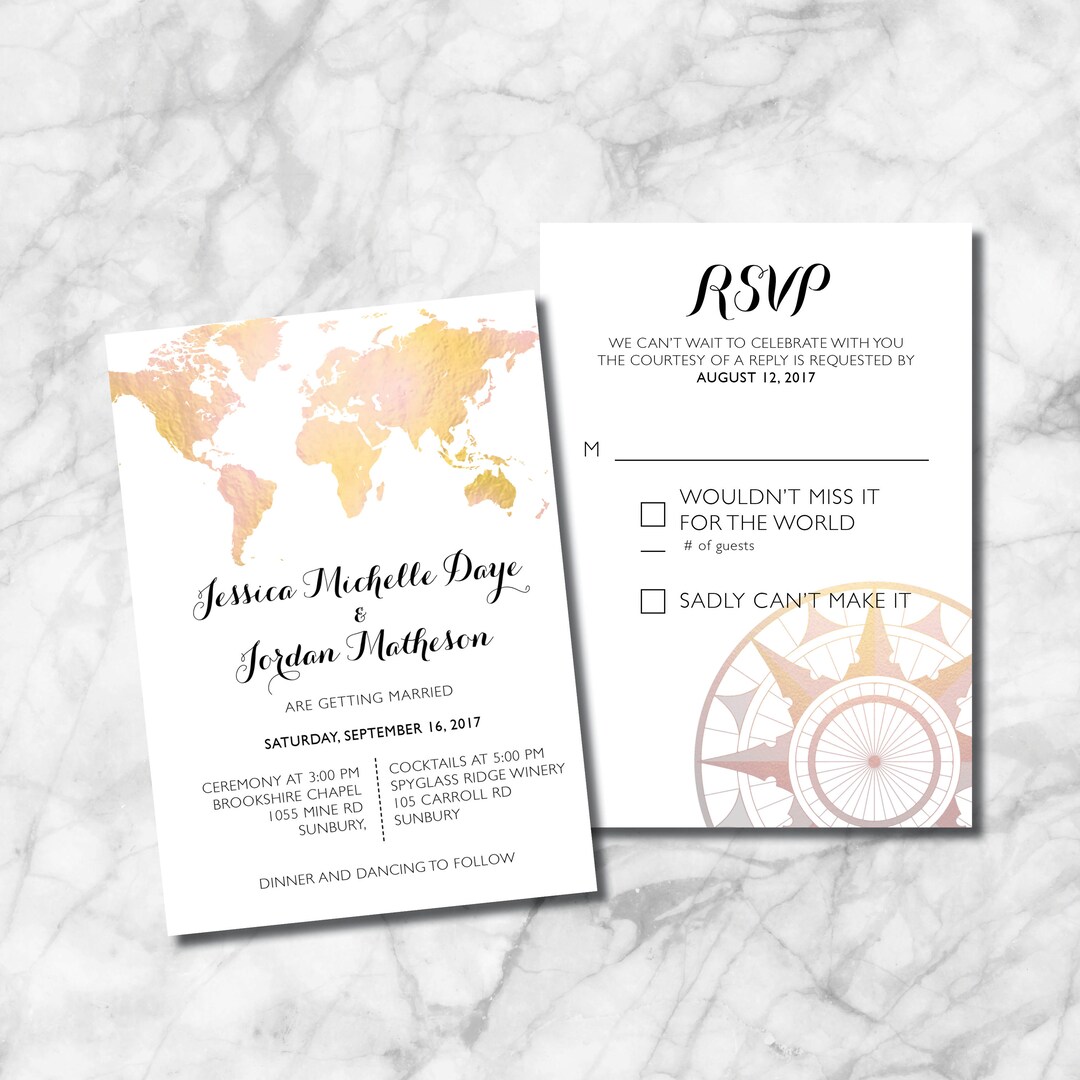 World Map Wedding Invitation Set - Customize, Download and Print - Etsy