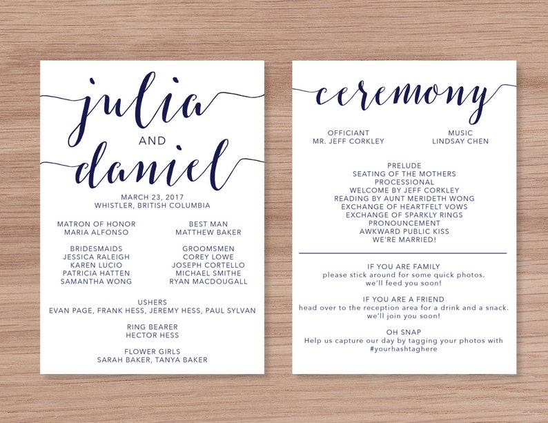 Flat 5x7 Double sided Wedding Program Customized | Etsy