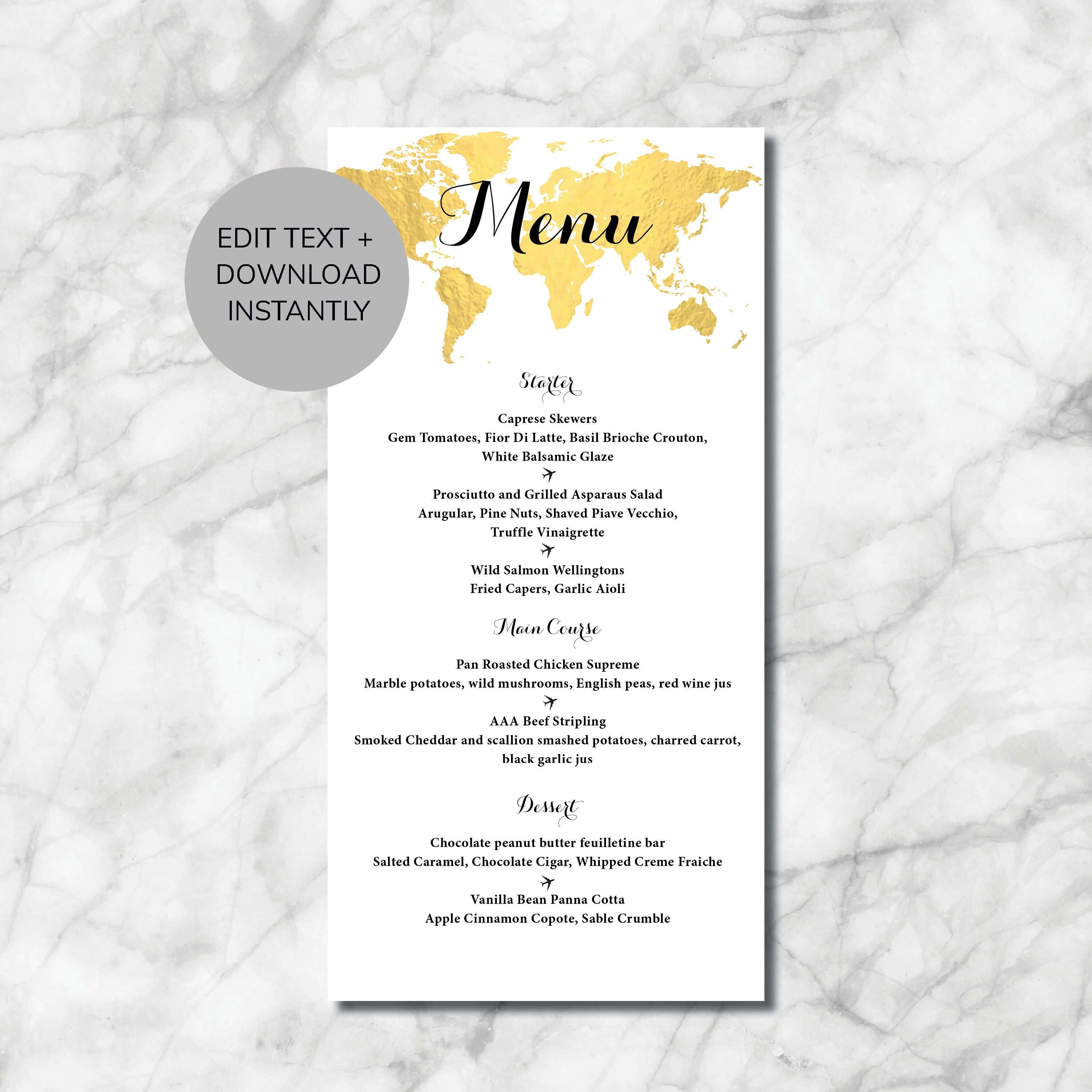 Wedding or Event Menu - Customized Printable Travel Theme Menu Template ...