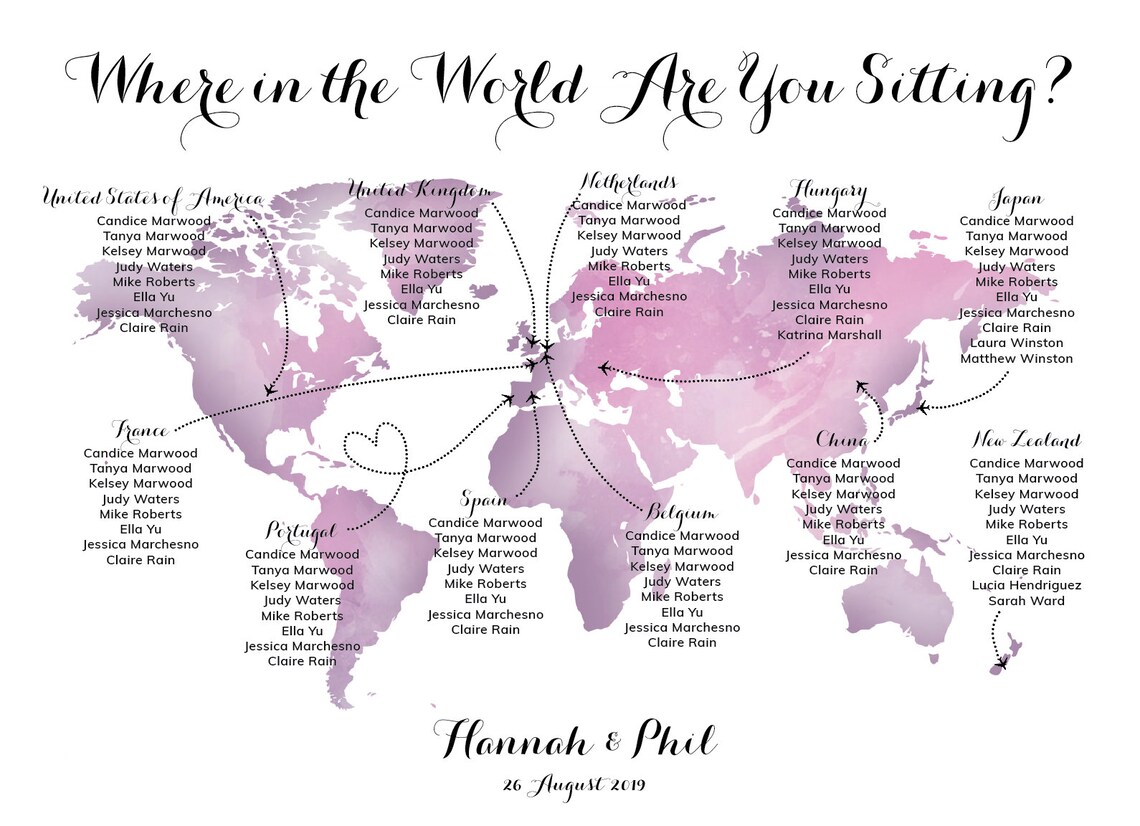 Purple Watercolor World Map Sitting Plan DIGITAL FILE | Etsy Canada