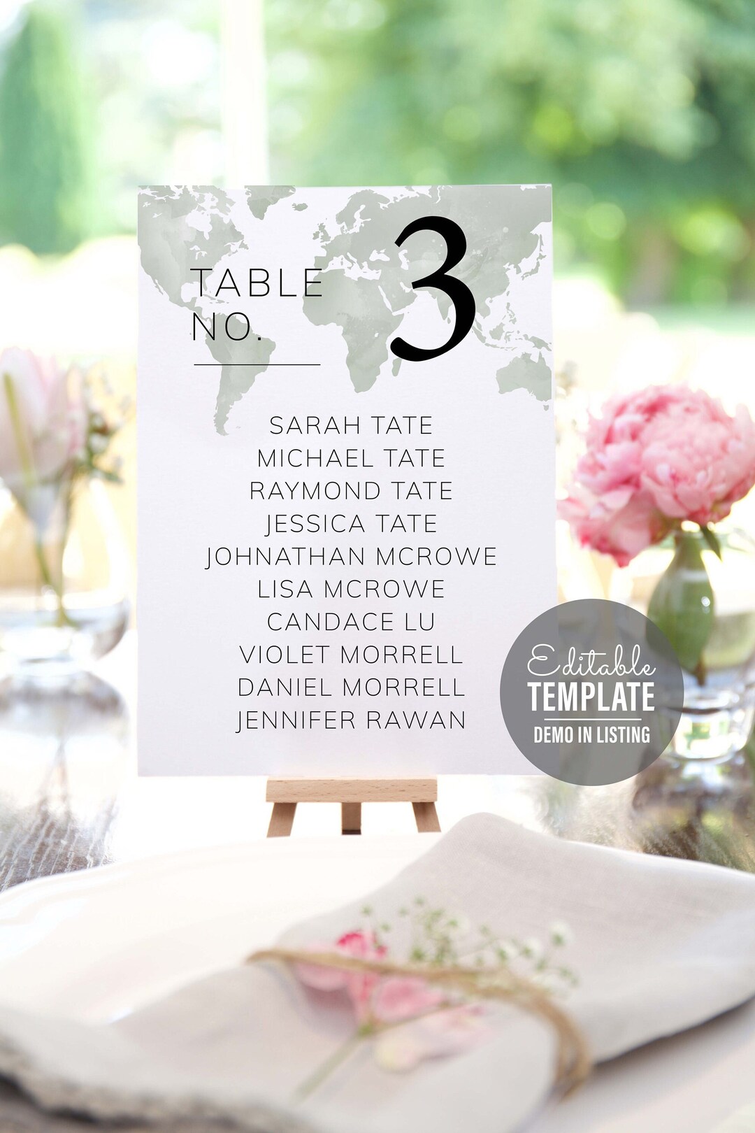 Travel Theme World Map Table Sign Guest Seating - Table Sign Template ...