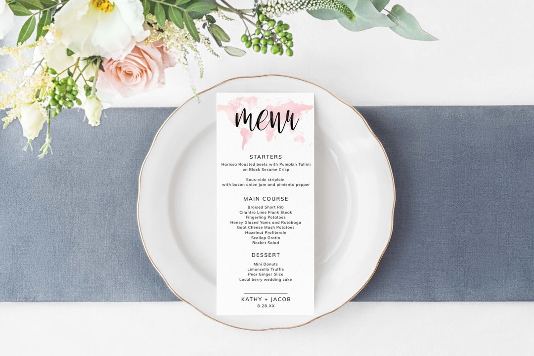 Watercolor World Map Menu - Travel Themed Weddings Template - Wedding ...