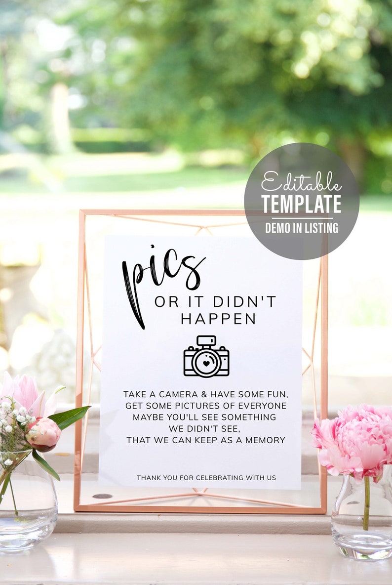 Disposable Camera Sign, Wedding Sign, Pics or It Didn't Happen ...