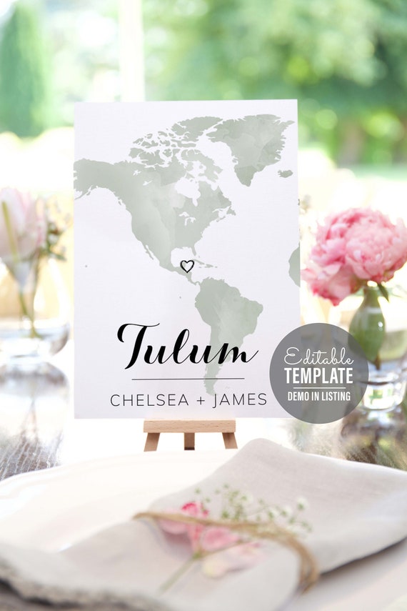 Travel Theme Table Sign Table Sign Template Watercolor Map - Etsy