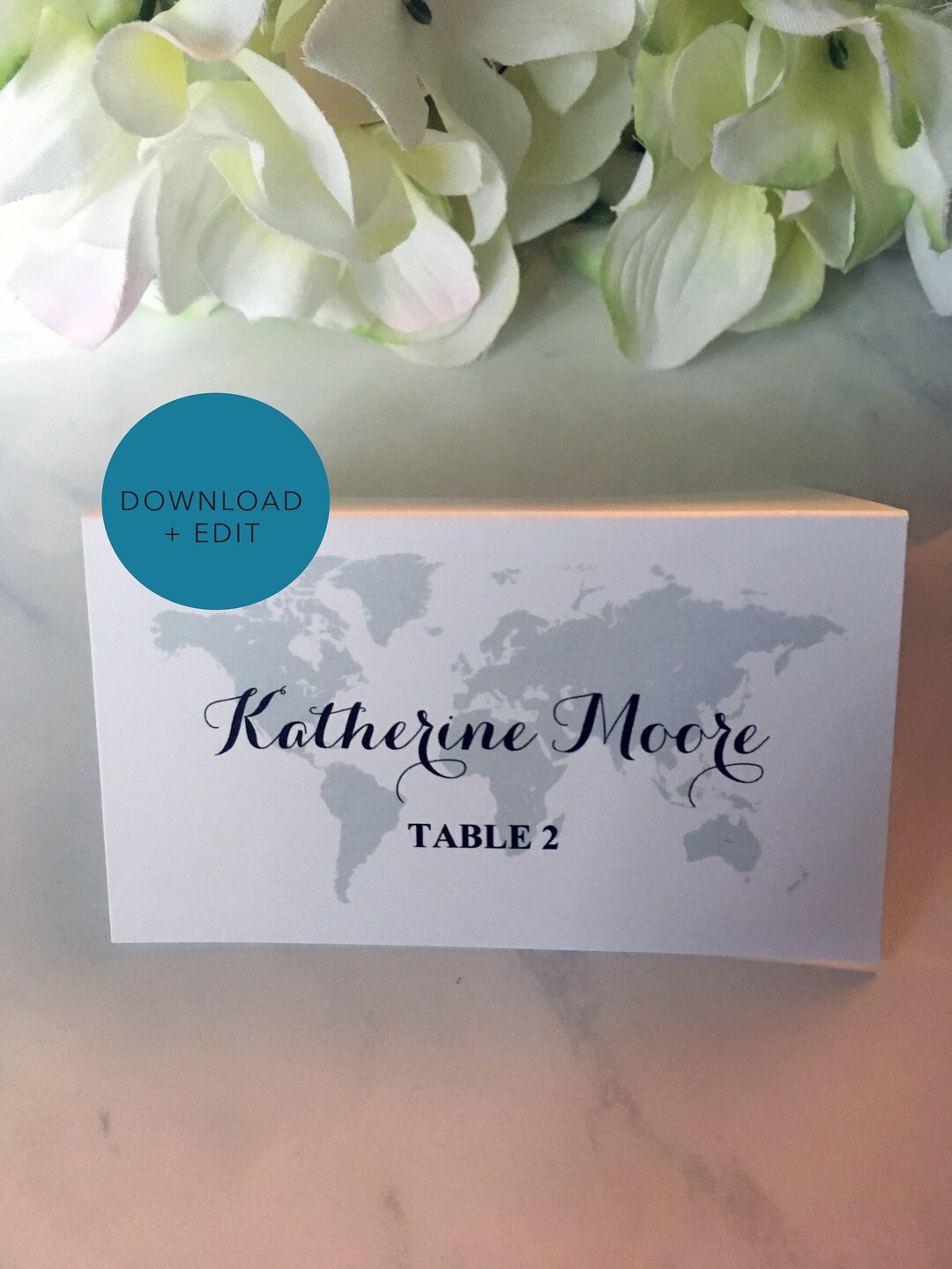 Travel Theme Name Card Template - Editable Grey Map Place Card for ...