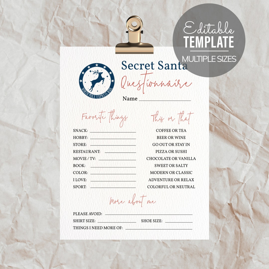 Printable Secret Santa Questionnaire - Gift Exchange Questionnaire ...