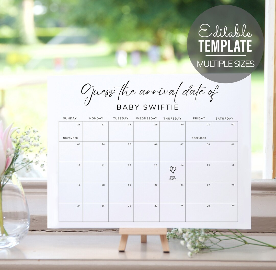 Minimalist Baby Due Date Calendar, Baby Shower Game, Floral, Guess Baby ...