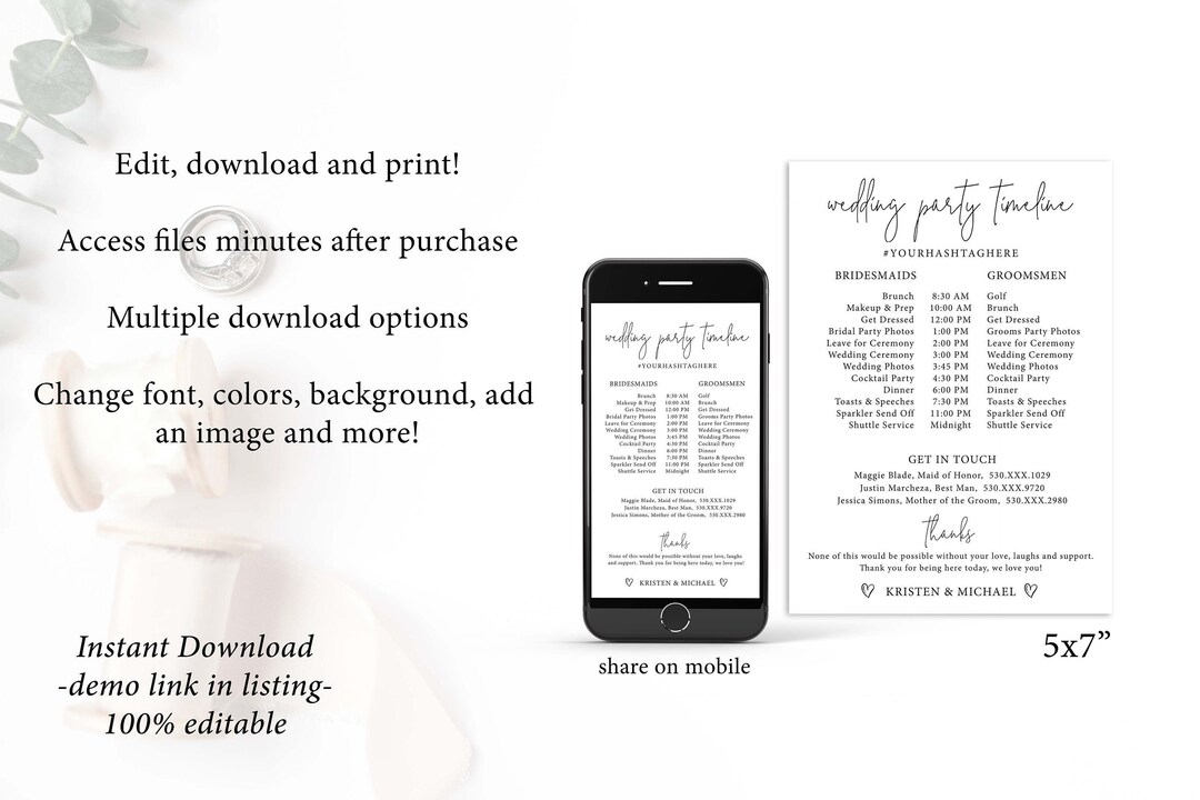 Wedding Party Timeline Template - Minimalist - Day of Template - Order ...