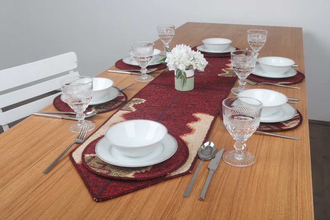 Kilim Table Runner and Set of Six Supla, Service Rug Placemat, 12x56 ...
