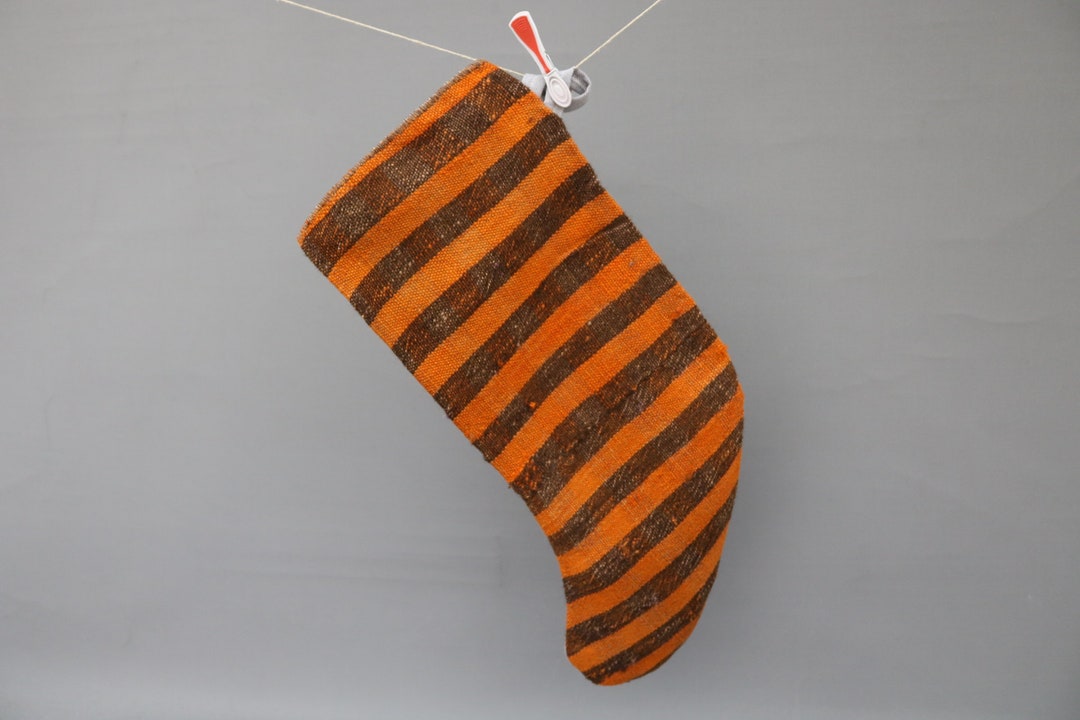 Orange Stocking, Striped Handmade Stocking, Natural Kilim Stocking ...