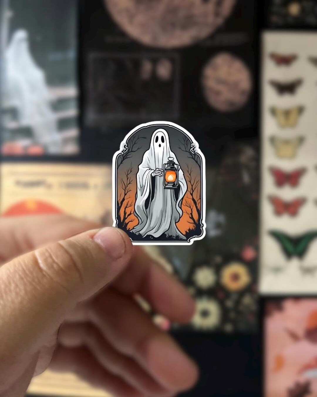 Retro Spooky Ghost Lantern Sticker Halloween Ombre Orange and Black ...