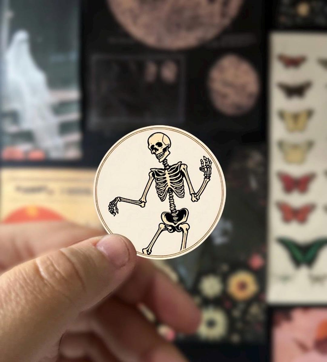 Dancing Skeleton Halloween Sticker Retro Cream Background, Quirky ...