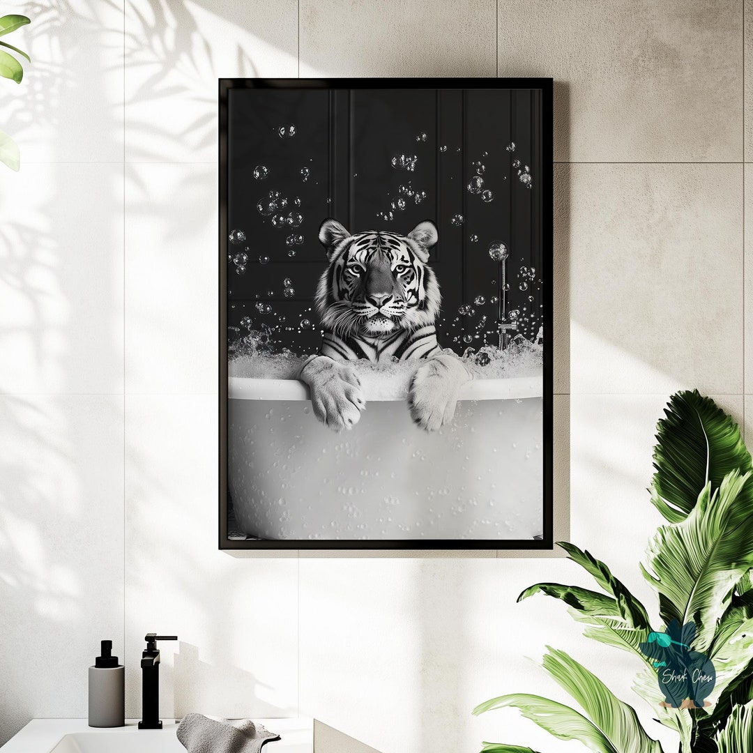 Tiger Bubble Bath Print, Funny Tiger Bathroom Wall Art, Animal Bathroom ...