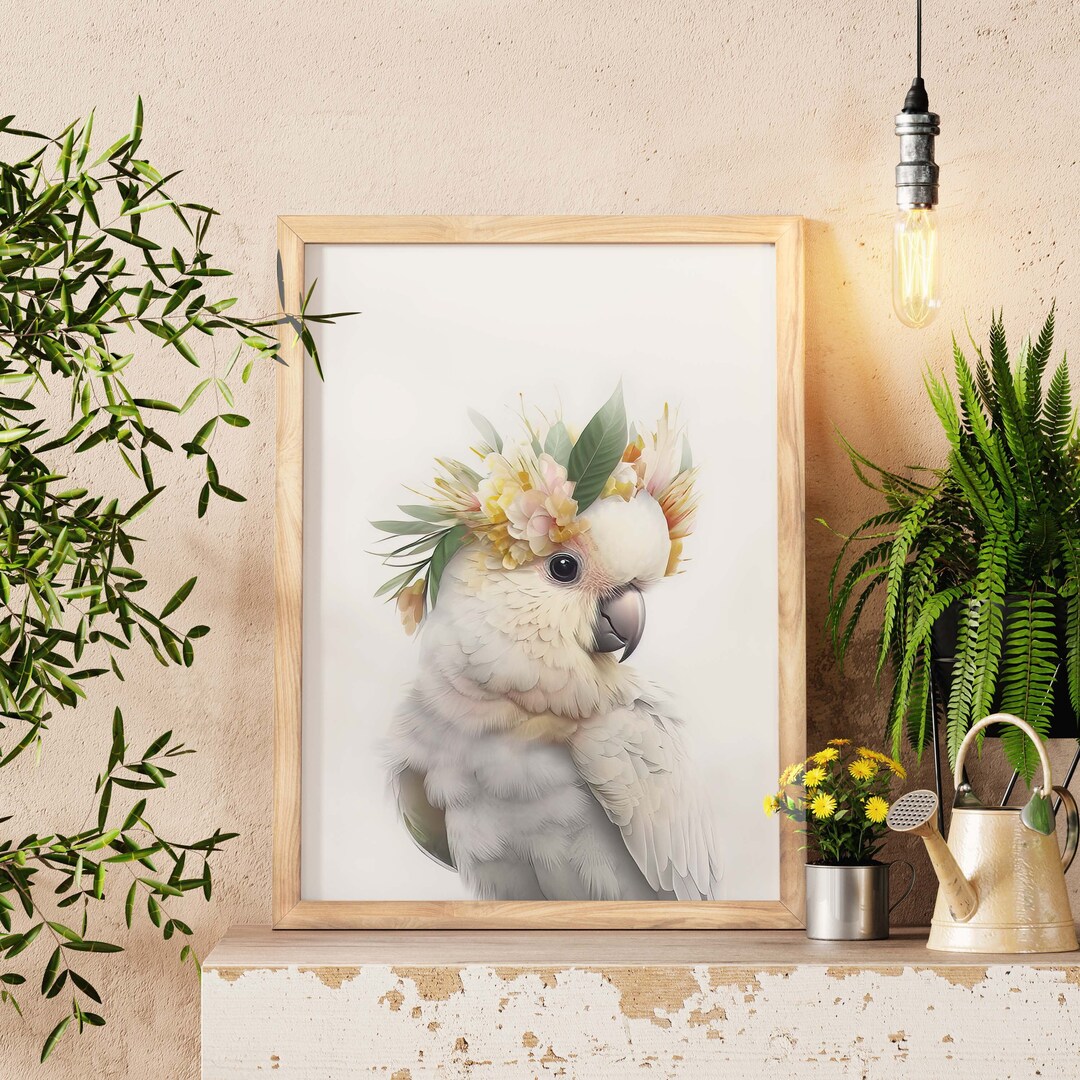 White Cockatoo Wall Art, Flower Crown, Gift for Her, Digital Wall Art ...